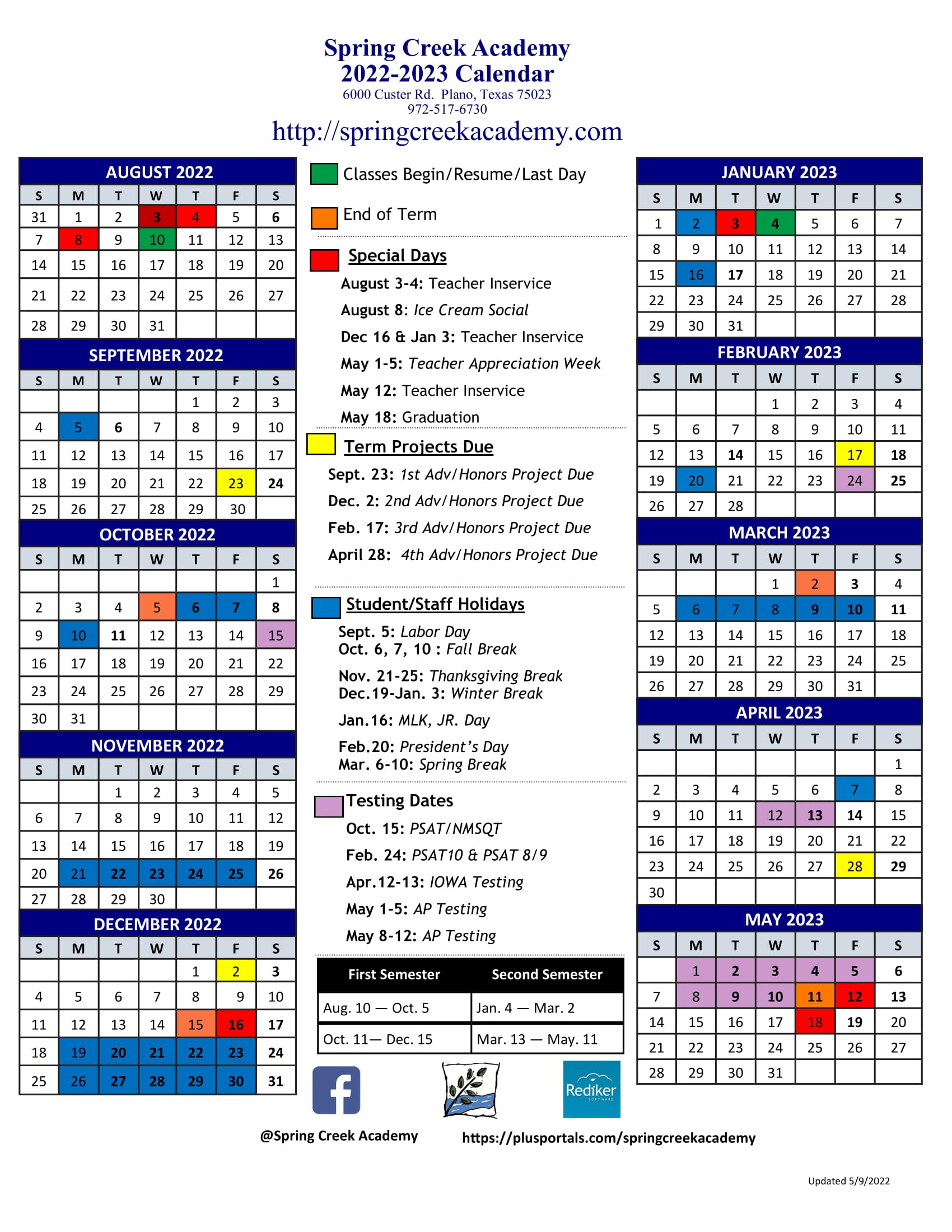 Academic Calendar – Spring Creek Academy